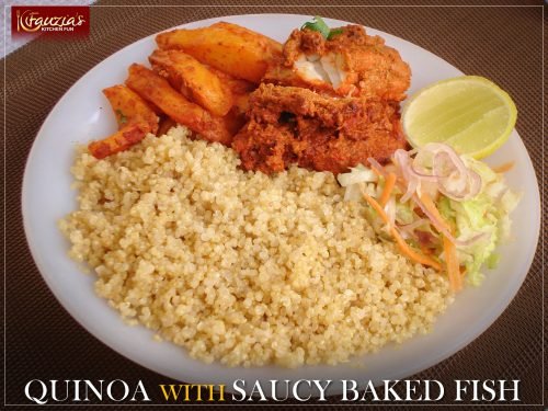 Quinoa with Saucy Baked Fish – Fauzia's Kitchen Fun