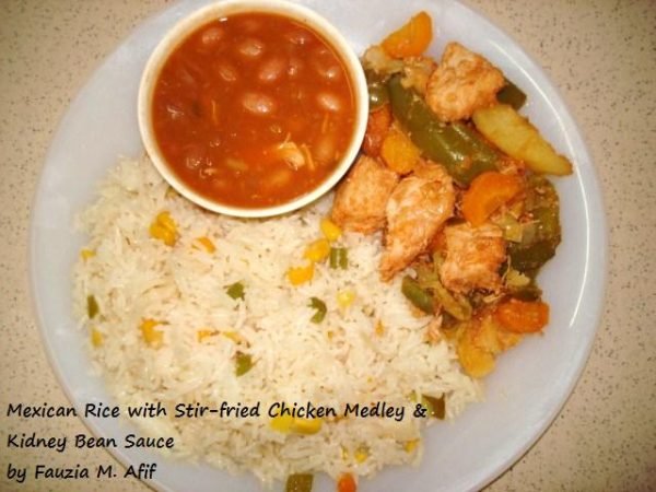 Mexican Rice with Stir-fried Chicken Medley & Kidney Bean Sauce ...